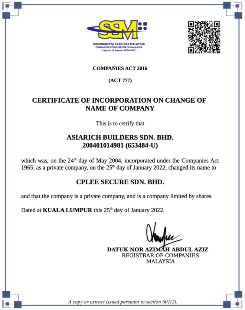 Our License & Certificate - CPLEE Group | Security Services Malaysia